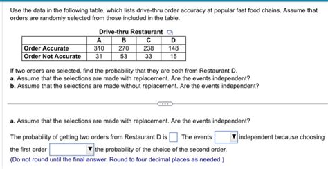 Use The Data In The Following Table Which Lists Drive Thru Order Accuracy At Popular Fast