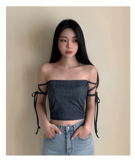 주문폭주 빈티지 데님 스트랩 탑 프린팅탑 슬림핏 레이어드 오프숄더 유니크 힙 스트릿 방송댄스 무대의상 춤 할리우드 여리핏 섹시 페미닌 튜브탑 브라탑 에이블리