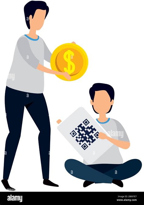 Men With Qr Code And Coin Stock Vector Image Art Alamy