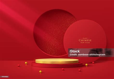 빨간색 금색 실린더 받침대 연단 3d 배경에는 원형 창에 반짝이가 있습니다 중국 설날 테마입니다 최소한의 모형 제품 전시