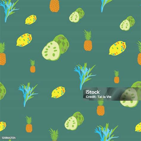 과일과 다육 식물 과일 기쁨 원활한 반복 패턴 그림 녹색 노란색 주황색 및 파란색의 배경 건강한 생활방식에 대한 스톡 벡터 아트 및 기타 이미지 Istock