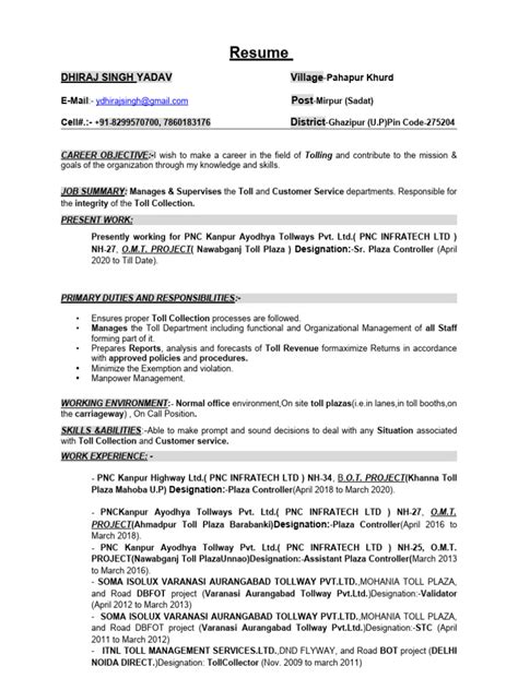 dheeraj singh yadav resume pdf toll road