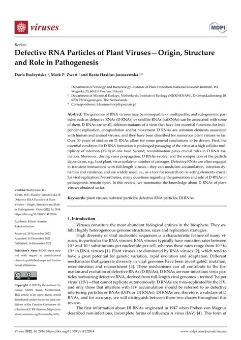 Pdf Defective Rna Particles Of Plant Viruses—origin Structure And Role In Pathogenesis