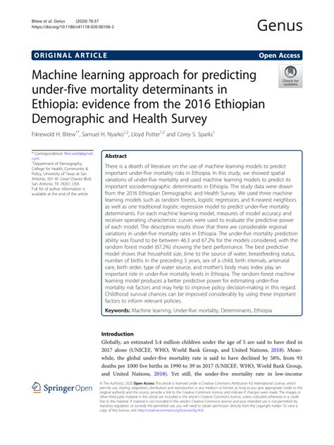 Pdf Machine Learning Approach For Predicting Under Five Mortality Determinants In Ethiopia