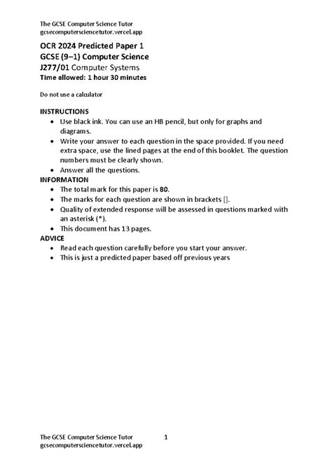 GCSE J277/01 OCR Predicted Computer Science Paper 1 - 2024 - Studocu