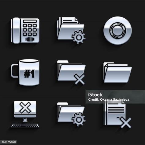 폴더 삭제 기어가 있는 폴더 설정 파일 문서 문서 컴퓨터 키보드 및 X 표시 커피 컵 플랫 스카치 및 전화 아이콘을 설정합니다 벡터 0명에 대한 스톡 벡터 아트 및 기타