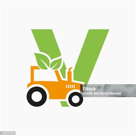 Letter V 농업 로고 개념은 트랙터 아이콘 벡터 템플릿이 있습니다 에코 팜 심볼 가금류에 대한 스톡 벡터 아트 및 기타