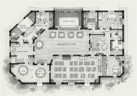 Architectural Floor Plan Featuring An Event Hall With A Stage At The