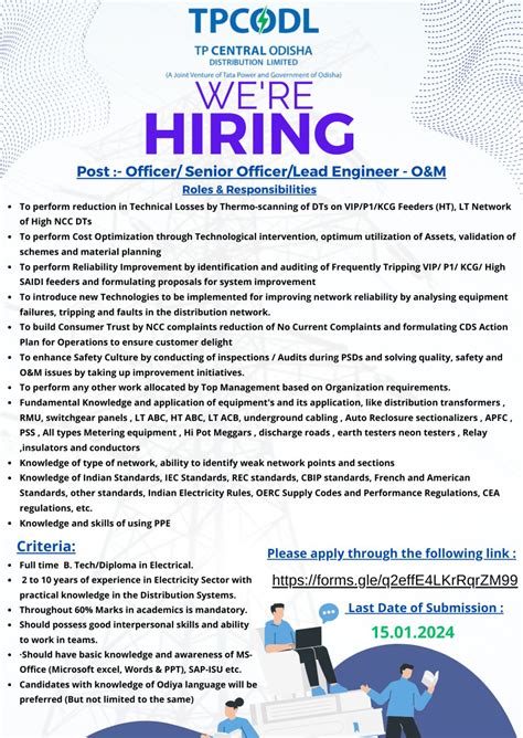 Hiring Officer Senior Officer Lead Engineer O And M At Tpcodl Tp