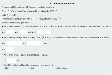 Solved ANGLE MODULATION Consider An FM Modulator With Chegg Com