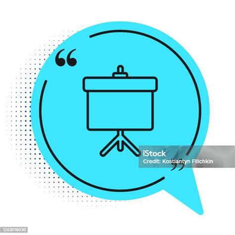 그래프 일정 차트 다이어그램 인포그래픽 흰색 배경에서 격리된 원형 그래프 아이콘이 있는 블랙 라인 프레젠테이션 보드입니다 파란색 음성 버블 기호입니다 벡터 일러스트레이션