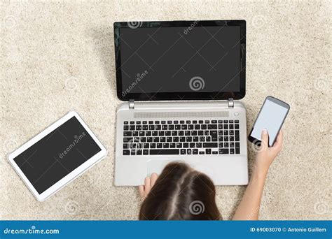 Woman Working With Multiple Device Screens Stock Photo Image Of Laptop Managing 69003070