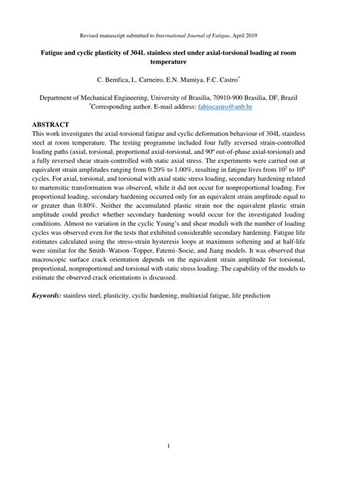 Pdf Fatigue And Cyclic Plasticity Of 304l Stainless Steel Under Axial