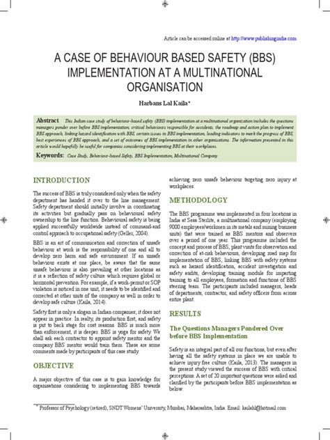 A Case Of Behaviour Based Safety Bbs Implementation At A Multinational Organisation Pdf