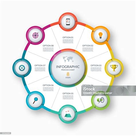 인포그래픽 서클 프로세스 차트 사이클 다이어그램 8 단계 비즈니스 프레젠테이션 보고서 브로셔를 위한 벡터 템플릿 8에 대한 스톡 벡터 아트 및 기타 이미지 Istock
