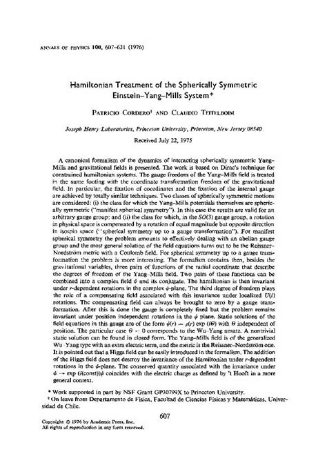 Pdf Hamiltonian Treatment Of The Spherically Symmetric Einstein Yang