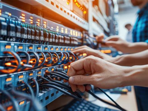 technicians working on network server cables in data center stock