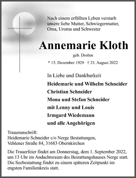 Traueranzeigen Von Annemarie Kloth Trauer Anzeigende