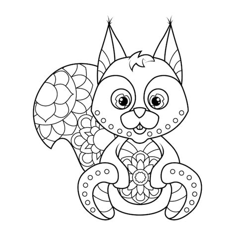 아이들을 위한 색칠하기 책 Zentangle 스타일의 귀여운 다람쥐 프리미엄 벡터