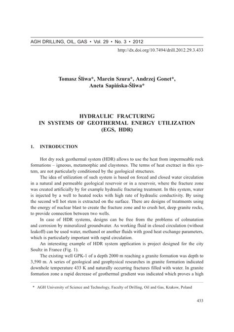 Pdf Hydraulic Fracturing In Systems Of Geothermal Energy Utilization Egs Hdr