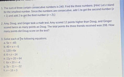 The Sum Of Three Certain Consecutive Numbers Is Find The Three Numbers Hint Let Math