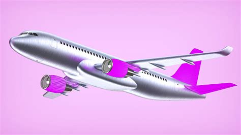 보라색 꼬리 날개 3d와 높은 자세한 흰색 여객기 화이트 바이올렛에 렌더링 합니다 비행기 걸릴 오프 팝 아트 3d 그림입니다 항공사 개념 여행 여객 비행기입니다 제트 상업