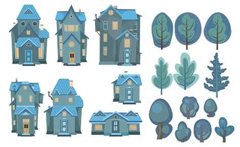 만화 집과 나무의 집합 밤에 전통적인 유럽 스타일의 아름답고 아늑한 시골 집 귀여운 재미있는 가정의 컬렉션 어둠 격리 벡터 개념에 대한 스톡 벡터 아트 및 기타 이미지