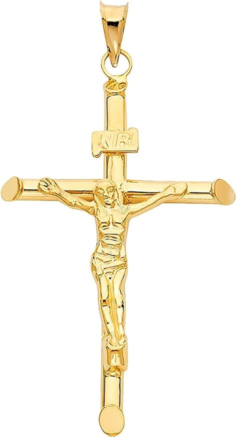 Solid 14k Yellow Gold Crucifix Pendant Jesus Engraved In