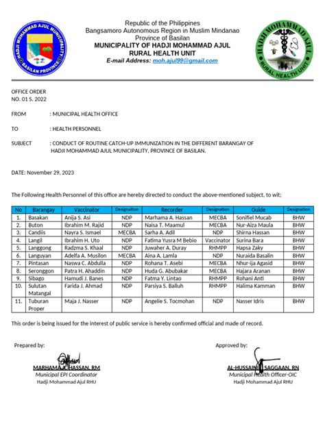 Routine Immunization Order For Hadji Mohammad Ajul Pdf