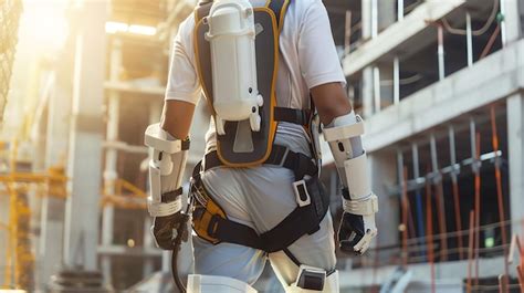 A Worker On A Construction Site Wears A Robotic Exoskeleton Premium Ai Generated Image