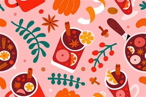 멀드 와인 패턴 계피 향신료와 오니지 과일을 곁들인 뜨거운 레드 와인 축제 음료 다양한 안경의 반짝이는 와인 전통적인 크리스마스 음료와 함께 완벽한 장식품 계피에 대한 스톡