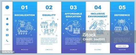 포괄적 인 교육 온보딩 벡터 템플릿 평등과 사회화 저렴한 공부 아이콘과 반응 모바일 웹 사이트 웹 페이지 연습 단계 화면입니다