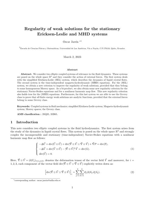 Pdf Regularity Of Weak Solutions For The Stationary Ericksen Leslie And Mhd Systems