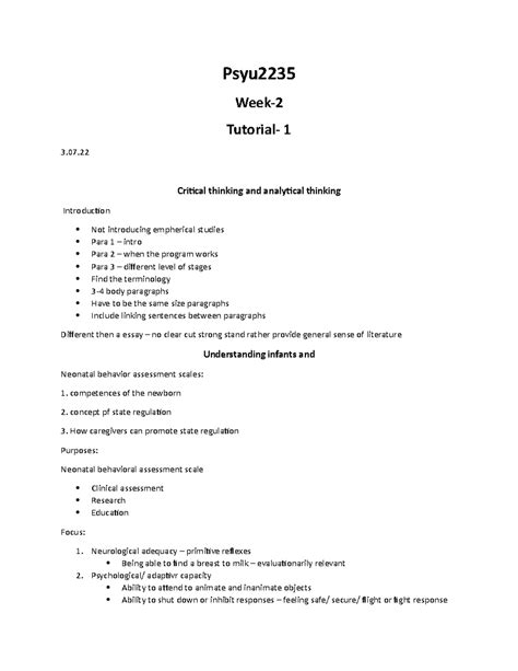 Psyu2235 Tut 1 Psyu Notes Tutorial Psyu Week Tutorial 1 3 Critical Thinking And