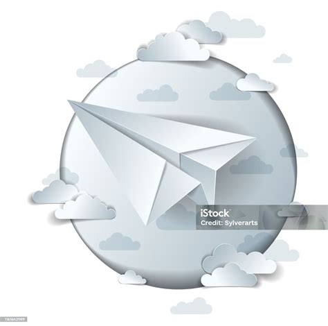 아름다운 구름과 함께 하늘에 비행 종이 접기 종이 비행기 장난감 장난감 제트 이륙과 아름다운 구름 풍경의 완벽한 벡터 그림 항공사 항공 여행 테마 3차원 형태에 대한 스톡