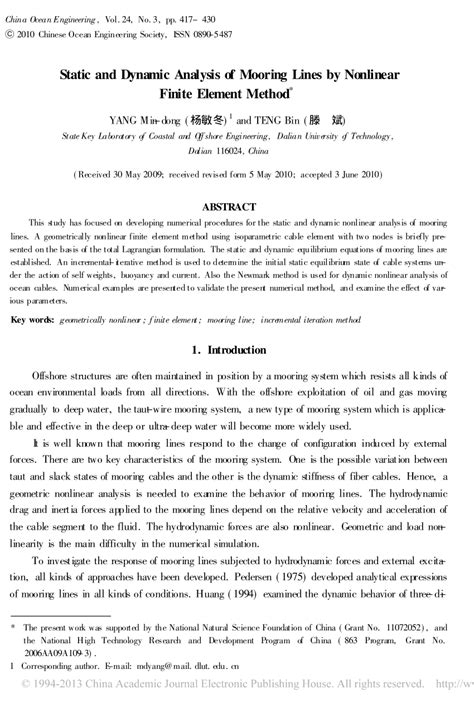 Pdf Static And Dynamic Analysis Of Mooring Lines By Nonlinear Finite Element Method