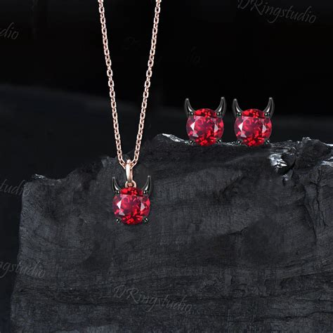 Black Devil Necklace Earrings Jewelry Set 7mm Round Ruby Earrings