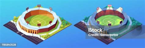 크리켓 게임을위한 고립 된 낮과 밤 경기장의 집합입니다 잔디 밭과 조명 투광 조명 또는 스포트 라이트와 건물 크리켓 스포츠 플레이를위한 아이소 메트릭 구조 잔디밭과 녹지