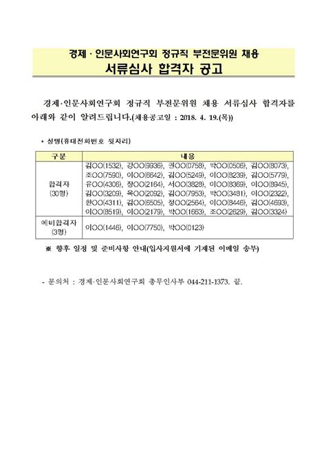 경제 인문사회연구회 정규직 부전문위원 채용 서류심사 합격자 공고 채용 정보 소식·소통 Nrc 경제인문사회연구회