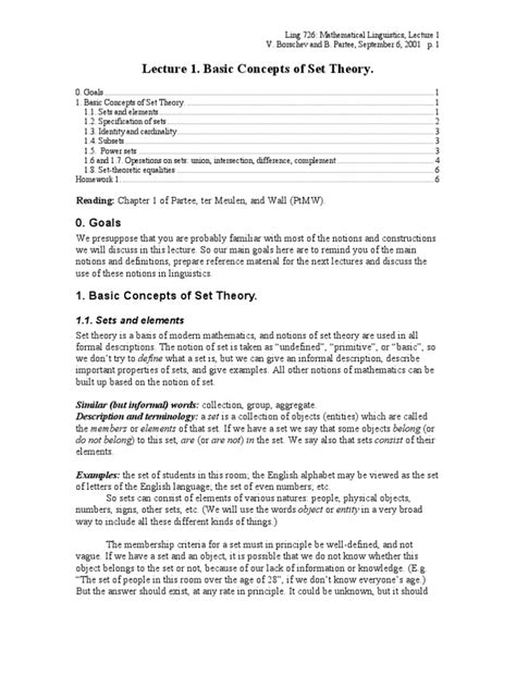 Lecture 1 Basic Concepts Of Set Theory 0 Goals Pdf Set Mathematics Mathematical Logic