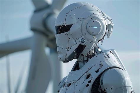Futuristic White Robot Equipped With Advanced Turbine Technology Stands Before A Wind Turbine