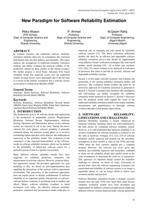 Pdf New Paradigm For Software Reliability Estimation