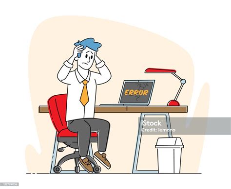 사무실 노동자 남성 캐릭터는 깨진 컴퓨터 들고 머리와 작업 책상에 앉아 절망적 인 사업가와 가젯 벡터에 대한 스톡 벡터 아트 및