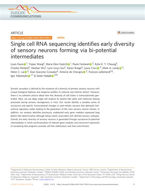 Single Cell Rna Sequencing Identifies Early Diversity Of Sensory Neurons Docslib