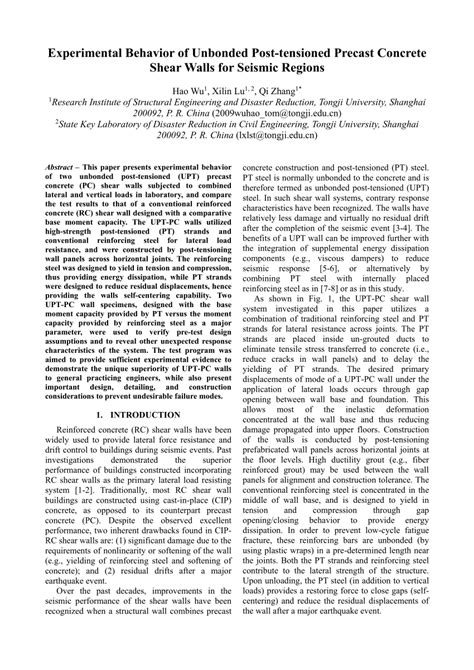 Pdf Experimental Behavior Of Unbonded Post Tensioned Precast Concrete Shear Walls For Seismic