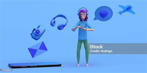 스마트 폰과 거대한 아이콘을 사용하여 여성과 스마트 폰 응용 프로그램 개념 공간을 복사합니다 3d 일러스트레이션 만화 3차원 형태에 대한 스톡 사진 및 기타 이미지 Istock