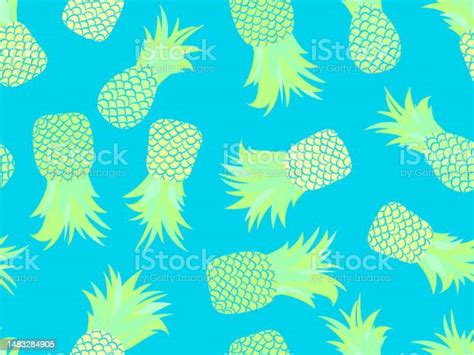 파인애플 원활한 패턴입니다 여름 과일 패턴입니다 파란색 배경에 파인애플 과일 티셔츠를 위한 트로피컬 디자인 종이와 천에 프린트 벡터 그림 가리기에 대한 스톡 벡터 아트 및