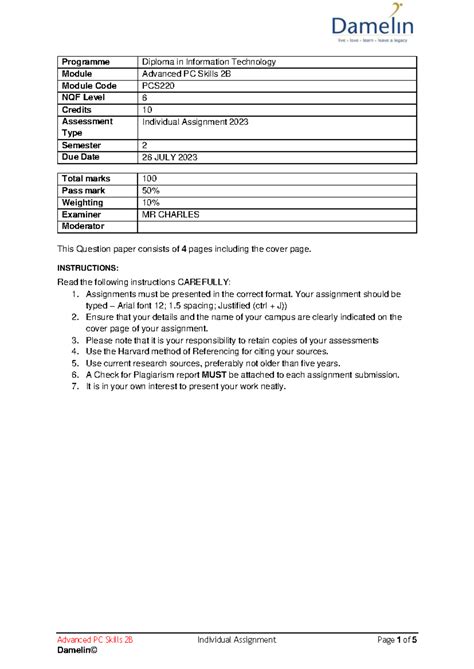 Advanced Pc Skills 2b 2023 Assignment 1 Advanced Pc Skills 2b Individual Assignment Page 1