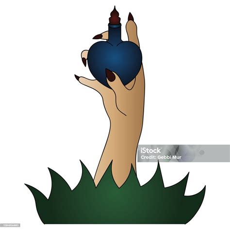 마녀의 손에는 사랑의 물약이 있는 바이알이 있습니다 하트 모양의 용기 날카로운 손톱을 가진 긴 손가락이 땅에서 터졌습니다 컬러 벡터 그림입니다 격리된 흰색 배경입니다 불길한