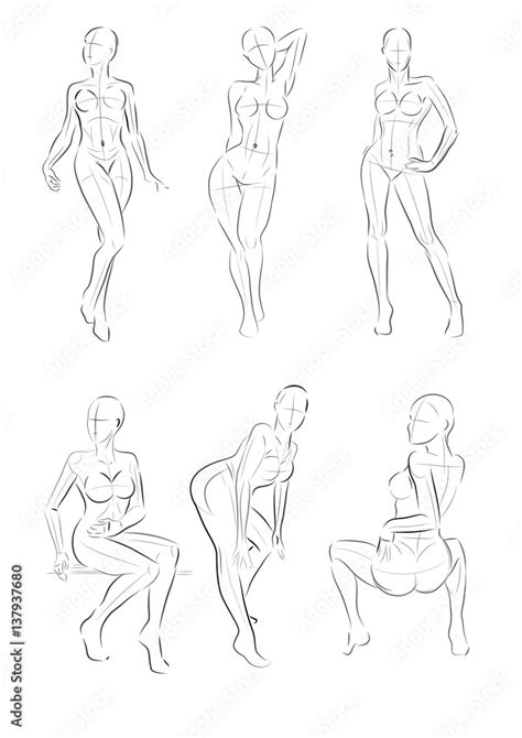 Vector Illustration Of Stylized Figures Standing Naked Women Outline Poses Female Figure Stock